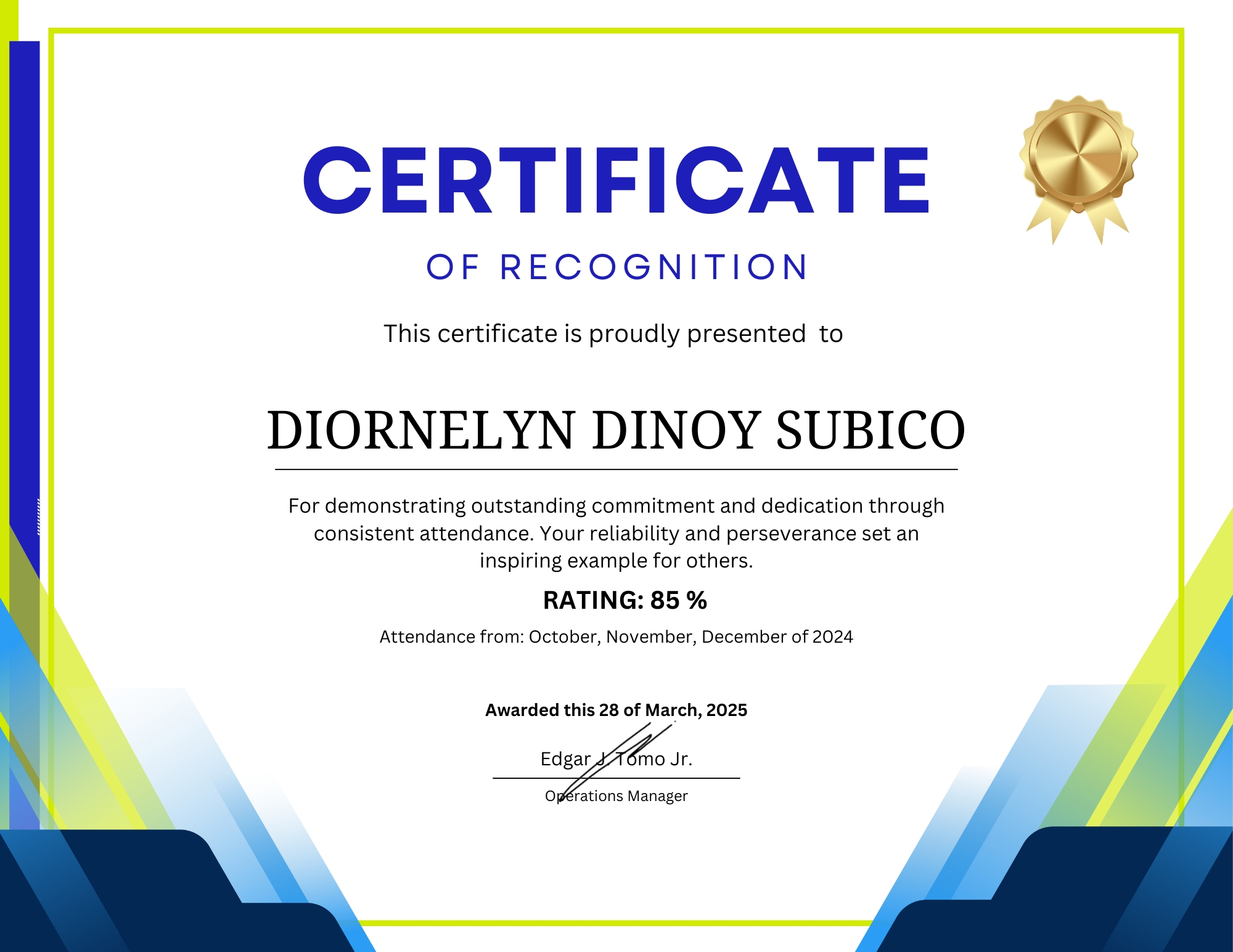 Recognizing Dedication: Diornelyn Dinoy Subico Honored for Outstanding ...